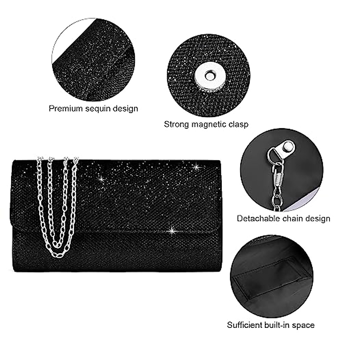 OSDUE Evening Bag Clutch Purses for Women, Glitter Bags, Sparkling Envelope Evening Bag with Detachable Chain, for Prom Wedding Party Banquet Date (Black)