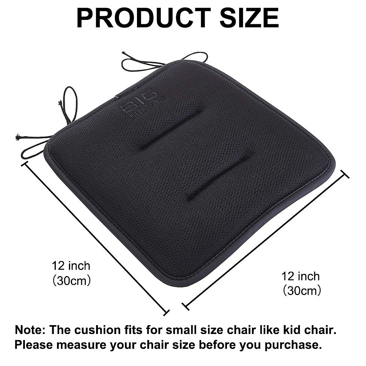 Big Hippo Kids Chair Pads with Ties Sandwich Mesh Fabric Chair Cushion Nonslip Square Seat Cushion Memory Foam Cushion for Kids Chair/School Chair/Wood Chairs,12"x12"(Black, 2 Pack)