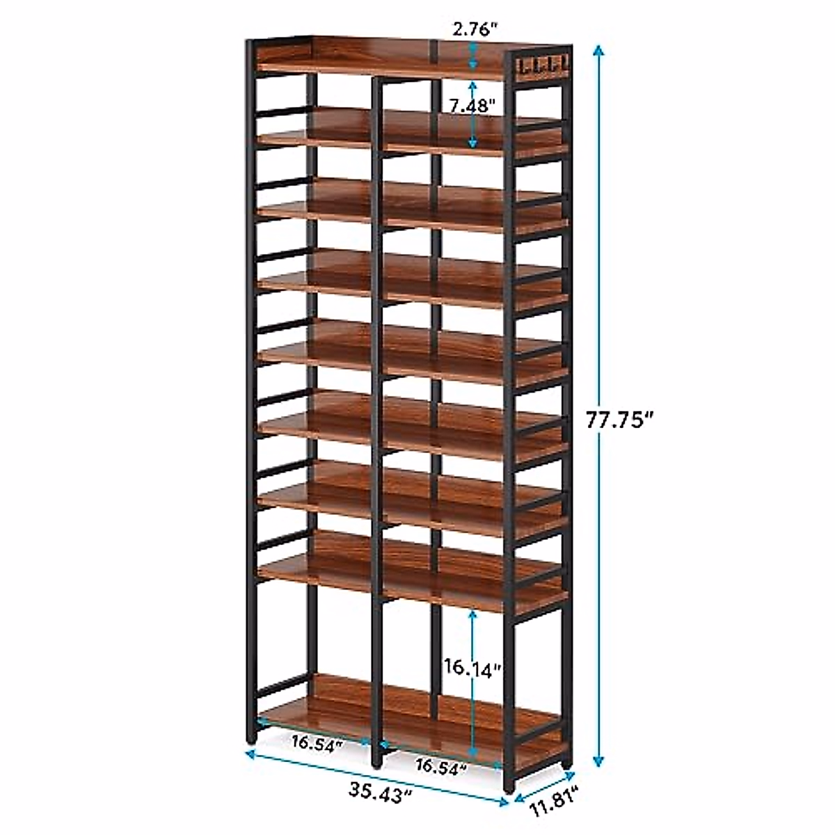 Tribesigns Open Shoe Cabinet, 9-Tier Tall Wooden Shoe Rack with Side Hooks for Entryway, Freestanding 36 Pairs Wood Shoes Storage Shelf Cabinet with Heavy Duty Metal Frame, Black Rustic Brown