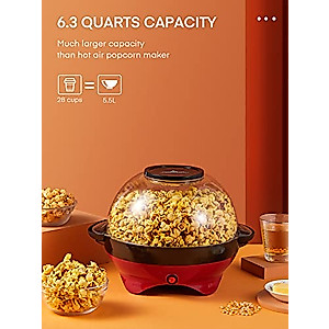 Popcorn Machine, 6.3 Qtrs./28 Cup Popcorn Maker, 800w Stir Crazy Popcorn Popper with Quick-Heat Technology, Removable Non-Stick Surface, Cool Touch Handles, Thicken Transparent Cover, 2 Measuring Cap