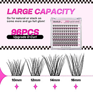 CALAILIS Lash Clusters DIY Lash Extensions 96Pcs D Curl Cluster Lashes Natural Look Eyelash Clusters Reusable Wispy Individual Lashes Super Thin Band and Soft (HD17, D-10-16MIX)