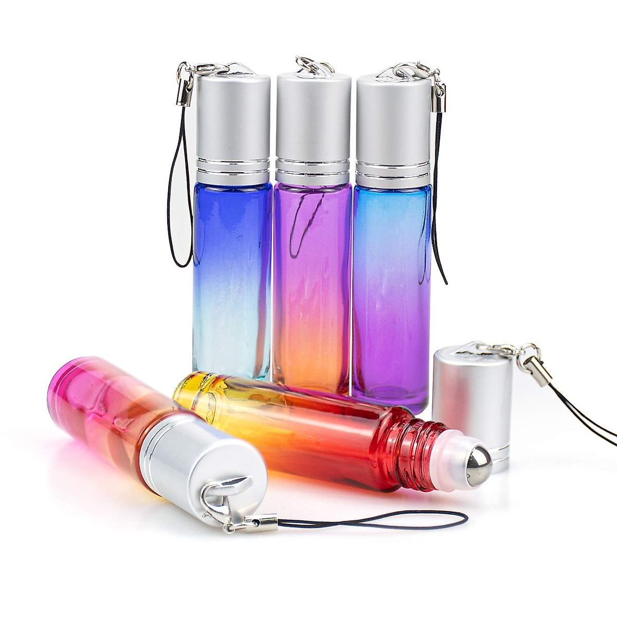 Foraineam 24 Pack 10ml Roller Bottles Gradient Color Glass Essential Oil Roller Bottle with Stainless Steel Roller Ball and Silver Hanging Lid