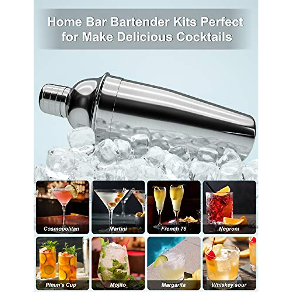 Bokhot Bartender Kit, 14 Piece Cocktail Shaker Set Stainless Steel Bar Tools with Rotating Stand, 25 oz Shaker Tins, Jigger, Spoon, Pourers, Muddler, Strainer, Tongs, Bottle Stoppers, Opener, Recipes