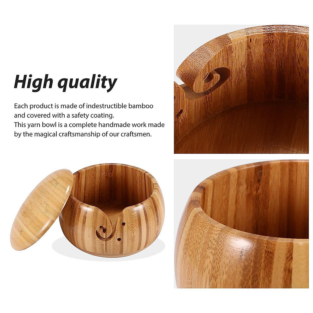 Bamboo Yarn Bowl, Handmade Knitting Yarn Storage Bowl with Removable Lid and Holes, Large Size Knitting Bowl Wool Holder Carbonized Bowl Box for Crochet Knitting Home Decor