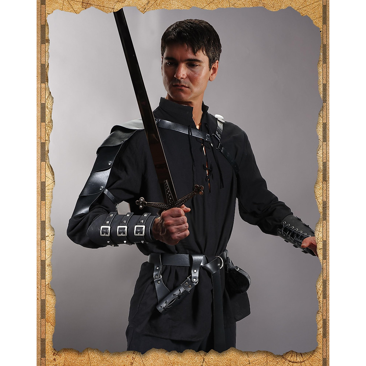 Panitay 8 Pcs Halloween Men's Renaissance Costume Set Medieval Viking Shirt Pant Belt Cape Bracer Sword Bag(Large,Stylish Color)