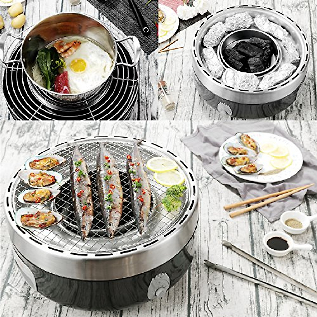 Portable Charcoal Outdoor BBQ Grill For Camping With Travel Bag - Small Tabletop Smoke ＆ Smokeless Pan Optional - Built In Electric Fan Power Supplied By Battery Charger Or Power Bank. (Luxury Black)