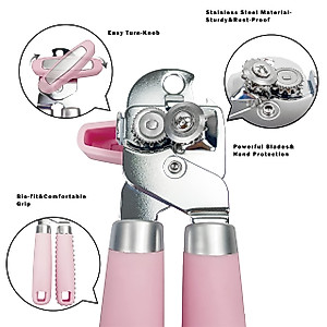Uyauld Manual Can Opener, Handheld Tin Opener Cork Screw, Easy Turn Knob, Built in Bottle Opener, Hangs for Convenient Kitchen Storage, Easily Open Tin Cans, 2 Silicone Lid Cover for Can, Pink