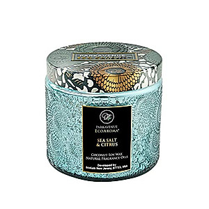 EcoAroma Sea Salt & Citrus Scented Organic Coco-Soy Jar Candles Hand Poured Natural Flower Extracted Fragrance Oils Botanical Candles for Aromatherapy Home Scent & Xmas Gifts 12 Oz