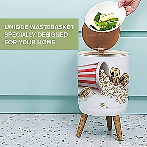 Small Trash Can with Lid Popcorn in paper bucket Full cup for snacks in movie theater fast Garbage Bin Round Waste Bin Press Cover Dog Proof Wastebasket for Kitchen Bathroom Living Room 1.8 Gallon