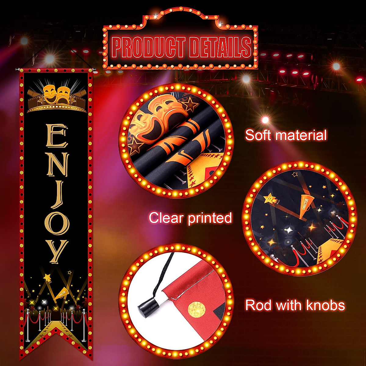 Blulu 4 Pcs Movie Night Porch Sign Now Showing Banner Movie Theme Paty Decoration Movie Vintage Theater Popcorn Enjoy Action Movies Hanging Porch Sign for Home Film Backdrop Party Supply