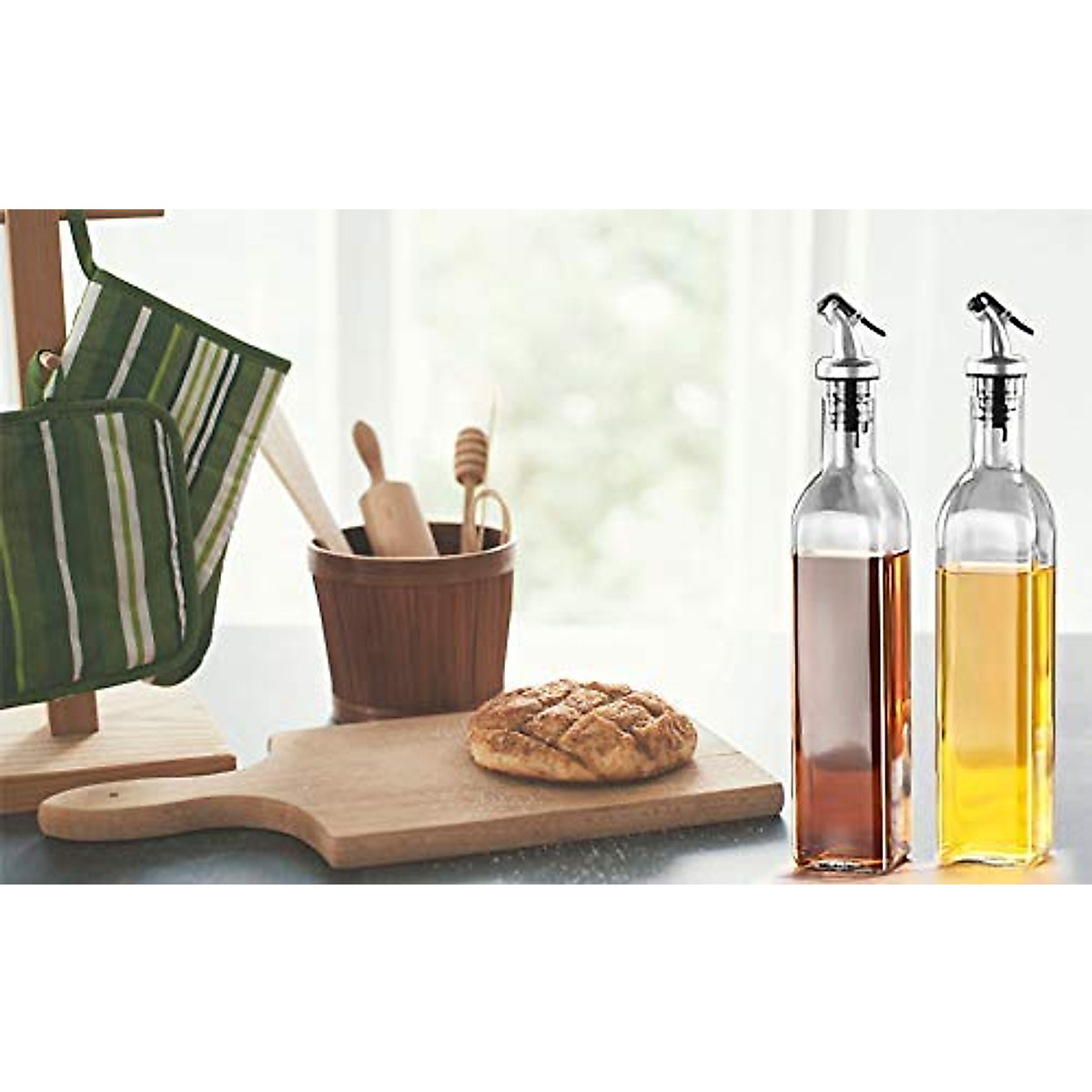 WERTIOO Oil Dispenser Bottle 4 Pack 17 OZ Glass Olive Oil and Vinegar Dispenser Set Oil Container with Funnel & Pen and Tag for Kitchen