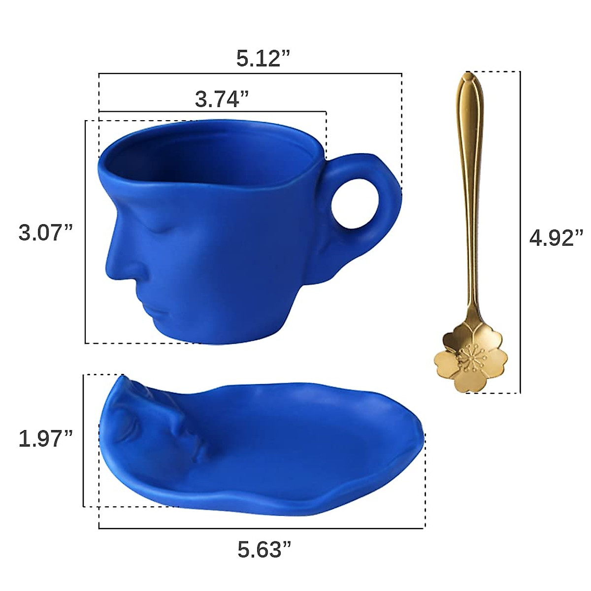 BETYMAO Romantic Ceramic Face Coffee Cup Saucer Set Coffee Mug with Plate and Spoon Espresso Cup Saucer Cappuccino Mug with Saucer Tea Cup Saucer for Dining Table Decoration Blue