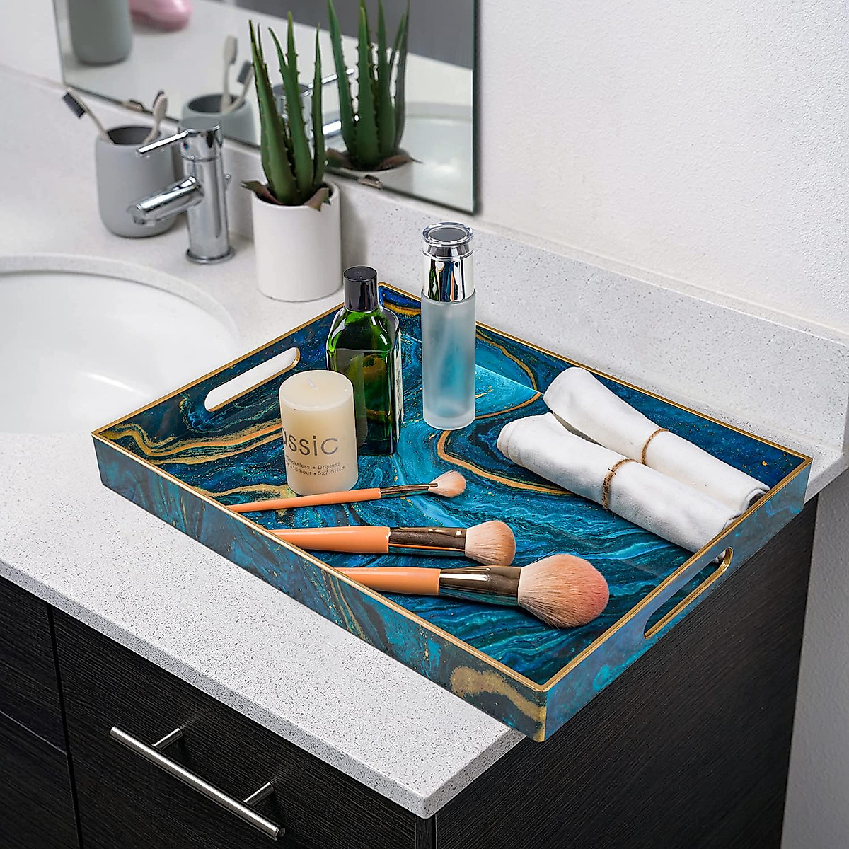 MAONAME Plastic Decorative Tray, Marbling Tray with Handles, Rectangular Coffee Table Tray, Serving Tray for Ottoman, Bathroom, 15.7” x 11.8”, Blue