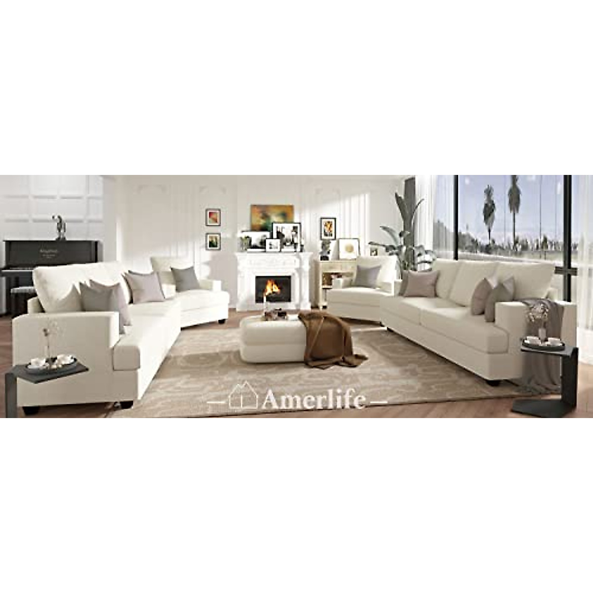 PaPaJet Deep Seat Comfy Sofa-Contemporary Chenille Sofa Couch, 3 Seater Sofa for Living Room-Oversized, Beige