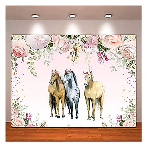 Pink Flower Countryside West Cowboy Cowgirl Horse Theme Photography Backdrop 5x3ft Children Boy or Princess Girl Birthday Photo Background Baby Shower Party Supplies Banner Cake Table Decor Vinyl