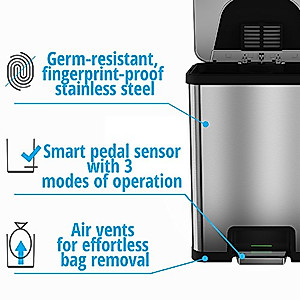 iTouchless AutoStep 13 Gallon Automatic Step Sensor Trash Can with AbsorbX Odor Control System and AC Adapter, Stainless Steel Kitchen Pedal Touchless Garbage Bin (Battery-Free Operation)