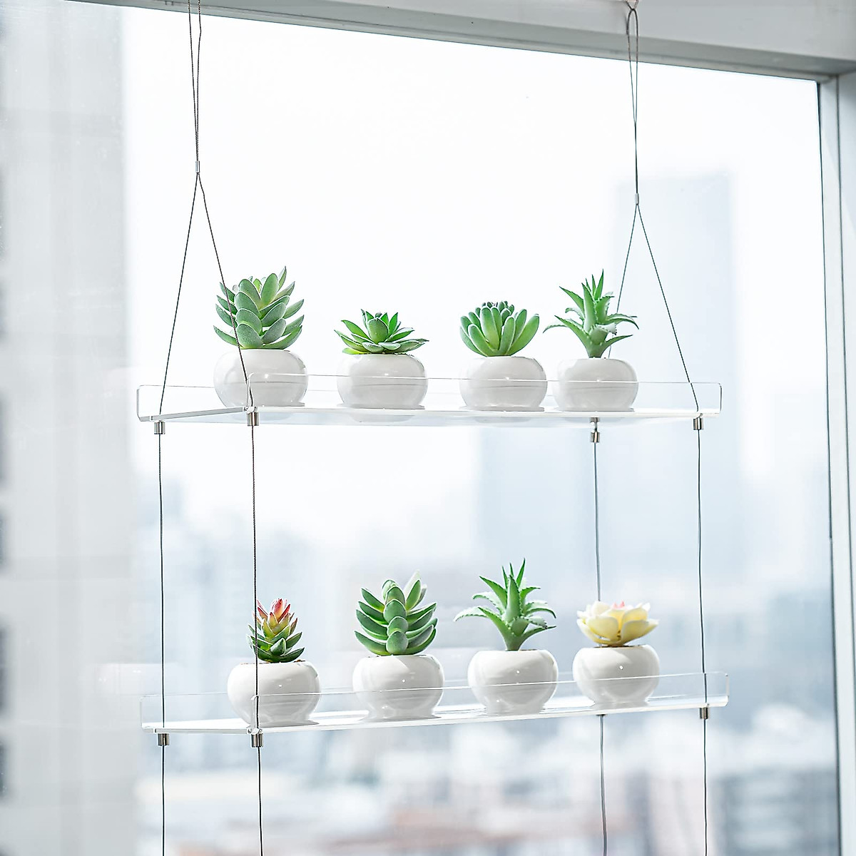 Sumerflos 2-Tier Acrylic Plant Shelves for Window of Kitchen, Bedroom, Living Room, 16 Inch Window Wall Flower Double Hanger Boxes, Height Adjustable Hanging Shelves for Indoor Plants, Succulents