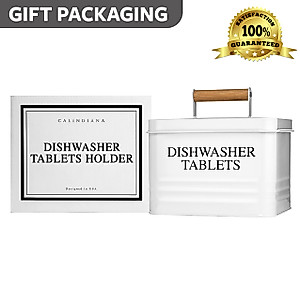 Calindiana Modern Farmhouse Metal Dishwasher Pods Container Holder with Lid for Kitchen Organization and Storage, Kitchen Essentials Decor Accessories, White