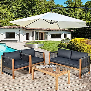 Tangkula Outdoor Wood Furniture Set, Acacia Wood Frame Loveseat Sofa, 2 Single Chairs and Coffee Table, 4 Pieces Conversation Set with Cushions, Garden Balcony Poolside Outdoor Living Set (1, Grey)