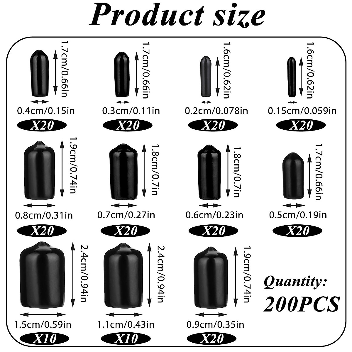 Giantree 200Pcs Rubber End Caps, Black Round Vinyl End Caps Bolt Screw Covers Caps Screw Bolt Screw Rubber Thread Protector Caps Cover for Tube Screw Bolt in 11 Sizes(1.5/2/3/4/5/6/7/8/9/11/15mm)
