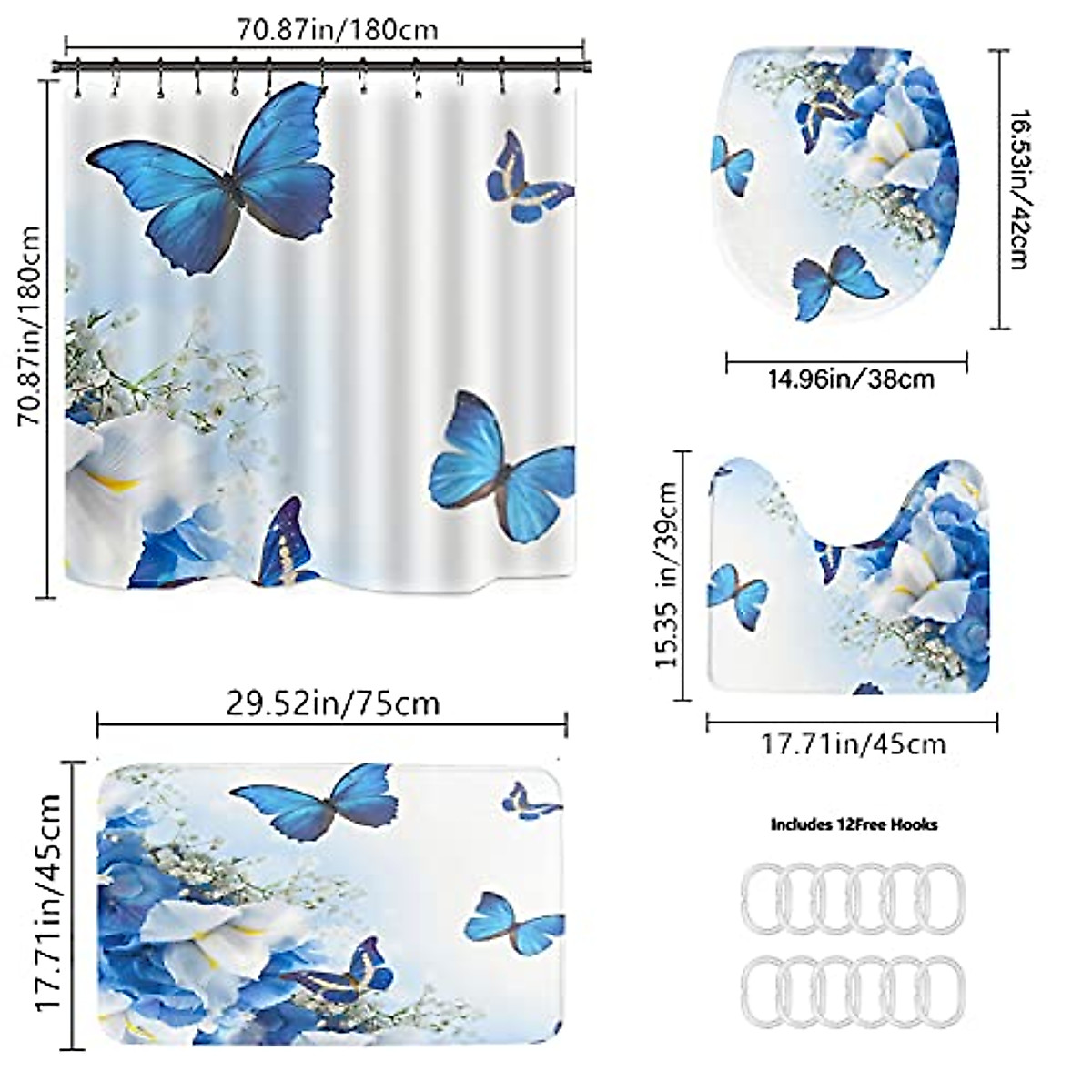 BIUSTAR 4 Piece Blue Butterfly Shower Curtains Sets with Non-Slip Rugs, Toilet Lid Cover and Bath Mat, Bathroom Sets with Shower Curtain and Rugs and Accessories