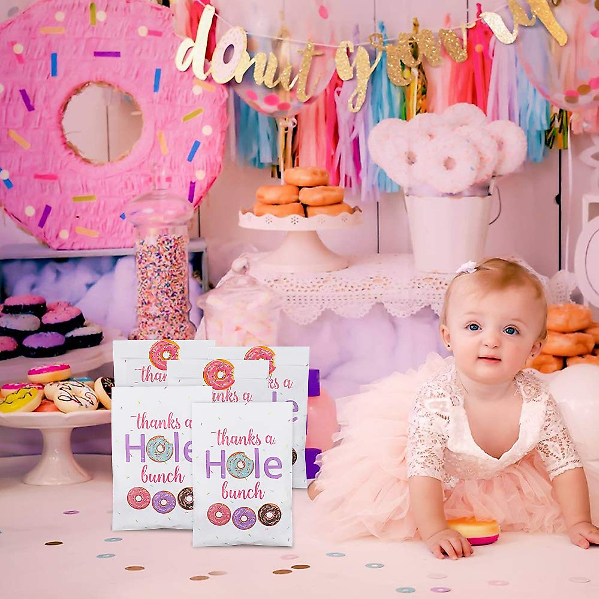 50 PCS Donut Candy Bags Thanks A Hole Bunch Stickers Donut Grow Up Party Decoration, Donut Birthday Goodie Bags Donut Theme Party Supplies Baby Shower Doughnut Time Supplies for Kids Girls