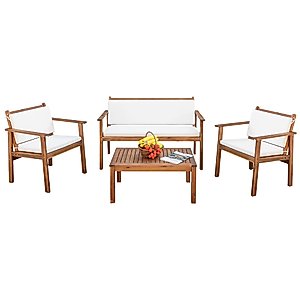 Devoko Patio Furniture 4 Piece Acacia Wood Outdoor Conversation Sofa Set with Table & Cushions Porch Chairs for Garden, Deck, Backyard, Beige