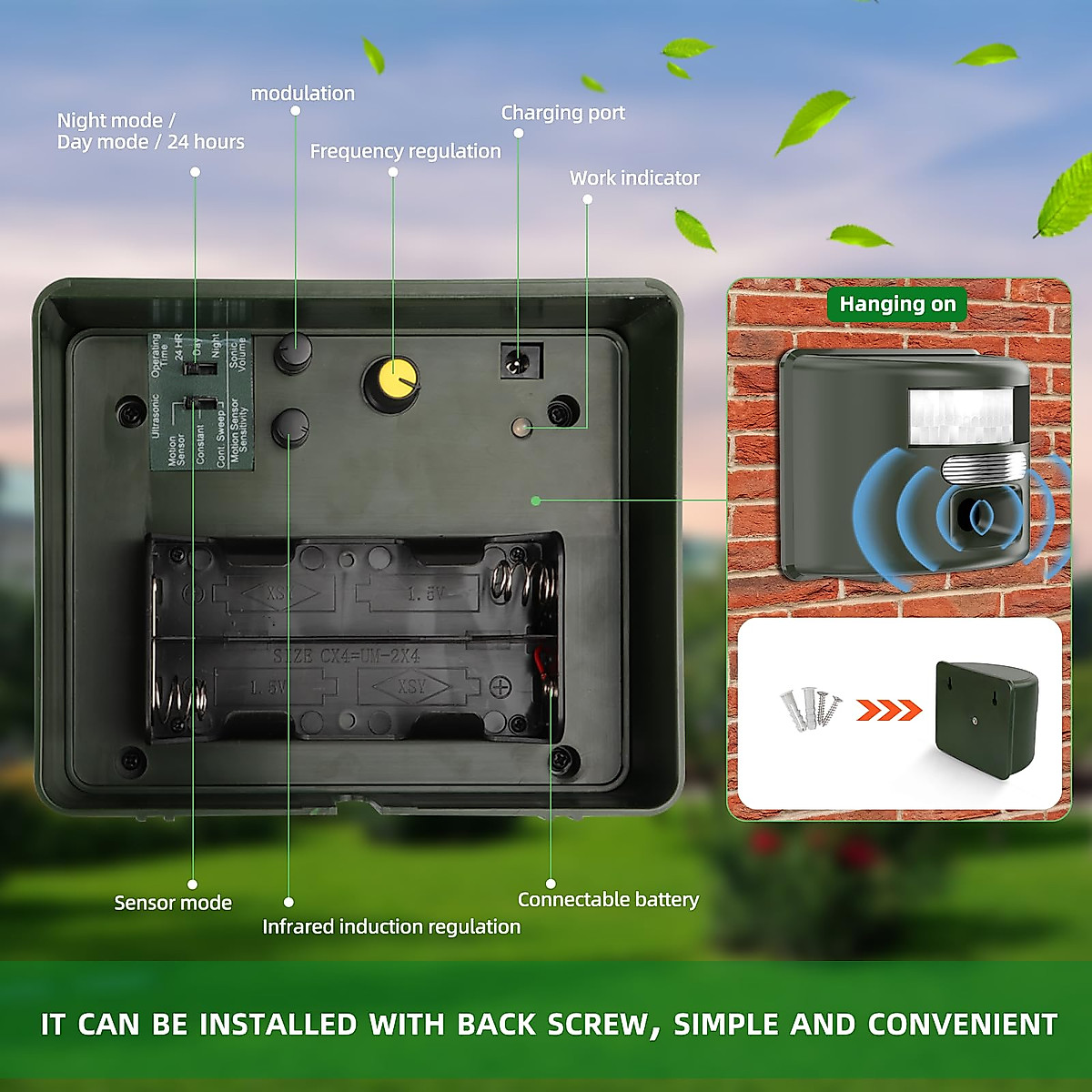 Ultrasonic Bird Repeller,Adjustable Silent Bird Repellent with Motion Sensor,Flashing Light,and Safety Alarm,Repels Bird Pigeons,woodpeckers and Other Large Animals,Suitable for Birds and Animals.