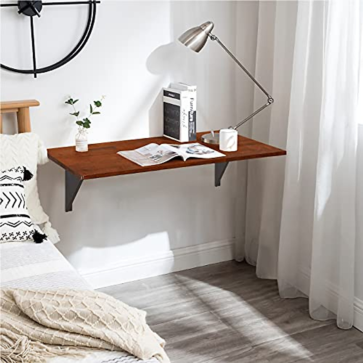 Tangkula 40" x 14" Wall-Mounted Table Desk, Floating Desk Wall Desk, Rubber Wood Wall Table w/Sturdy Steel Bracket, Spacious Tabletop, Multifunctional Table for Home, Kitchen, Office (Brown)