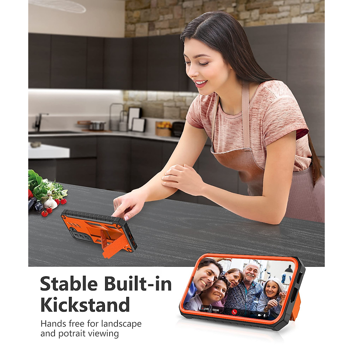 SOiOS for Samsung Galaxy S22 Protective Case: Military Grade Drop Proof Protection Mobile Phone Cover with Kickstand | Rugged Shockproof TPU Matte Textured Sturdy Phone Bumper (Orange)