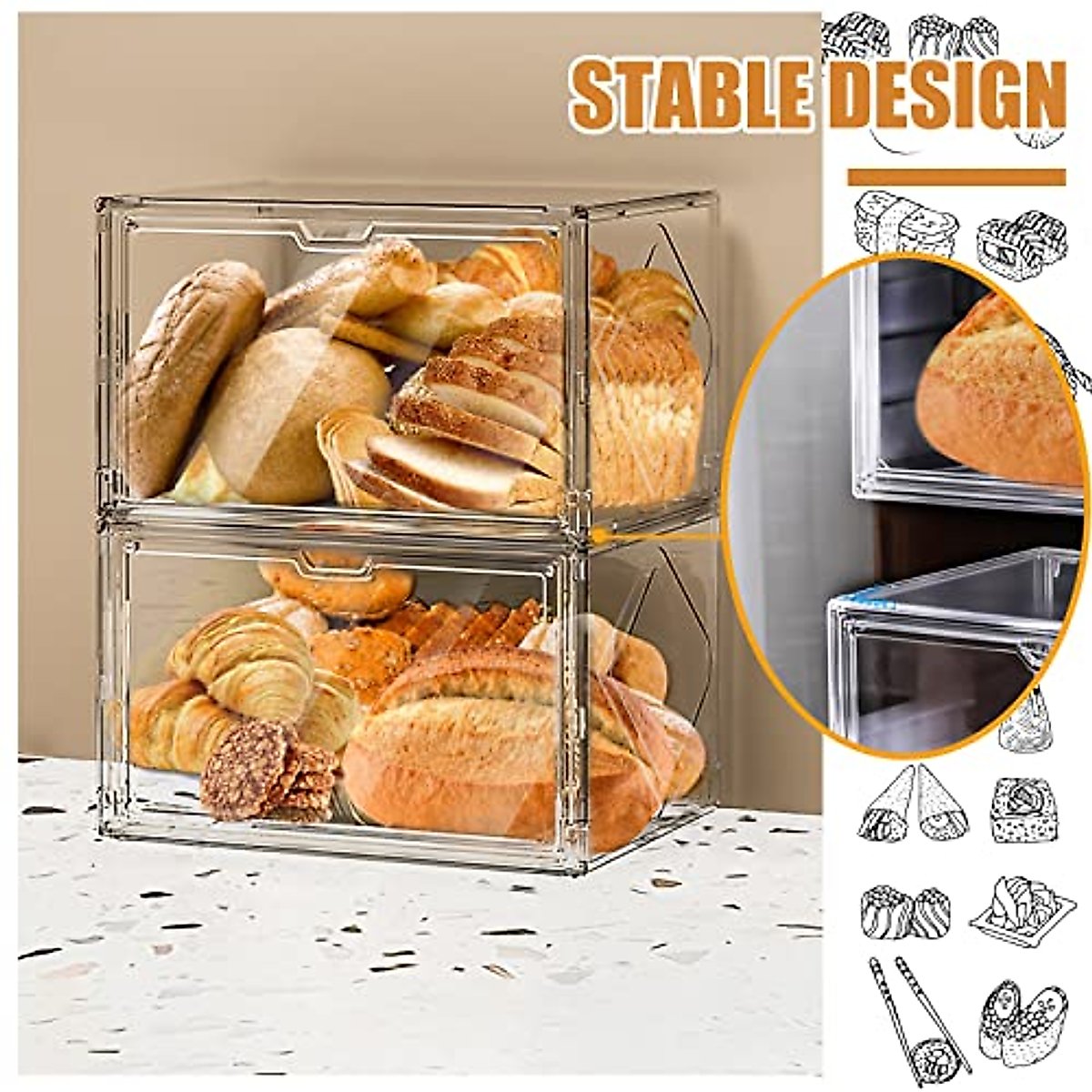 ONLYOILY 2PCS Upgrade Large Bread Box for Kitchen Countertop, Plastic Bread Box Bread Holder, Stackable Double Layer Bread Storage Container, Clear Bread Boxes for Kitchen Countertop, Pantry Storage
