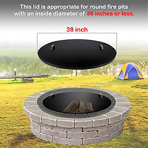 SIMOND STORE Fire Pit Cover Round, Snuffer Lid Ring Finish 38” inch Diameter, Drop-in Burner Fire Pit Pan Lid- 1.5 mm Thickness, Grill Fire Ring Lid with Handle…