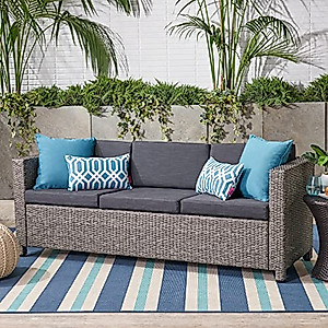 Christopher Knight Home Puerta Outdoor Wicker 3-Seater Sofa, Mix Black / Dark Grey Cushion