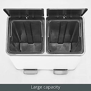 mDesign Metal Steel 16 Gallon/60-Liter, Large Dual Compartment Step Trash Can; Double Bin Trash Can/Recycler Combo for Kitchen; Holds Garbage, Recycling; Features Two Removable Liner Buckets - White