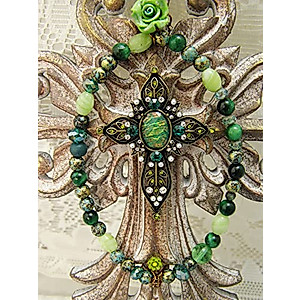 Upscaled Green ROSE Beaded WALL CROSS Decor, Wood Hand Beaded Cross, Office home church cross, upscaled religious art, Christian gift