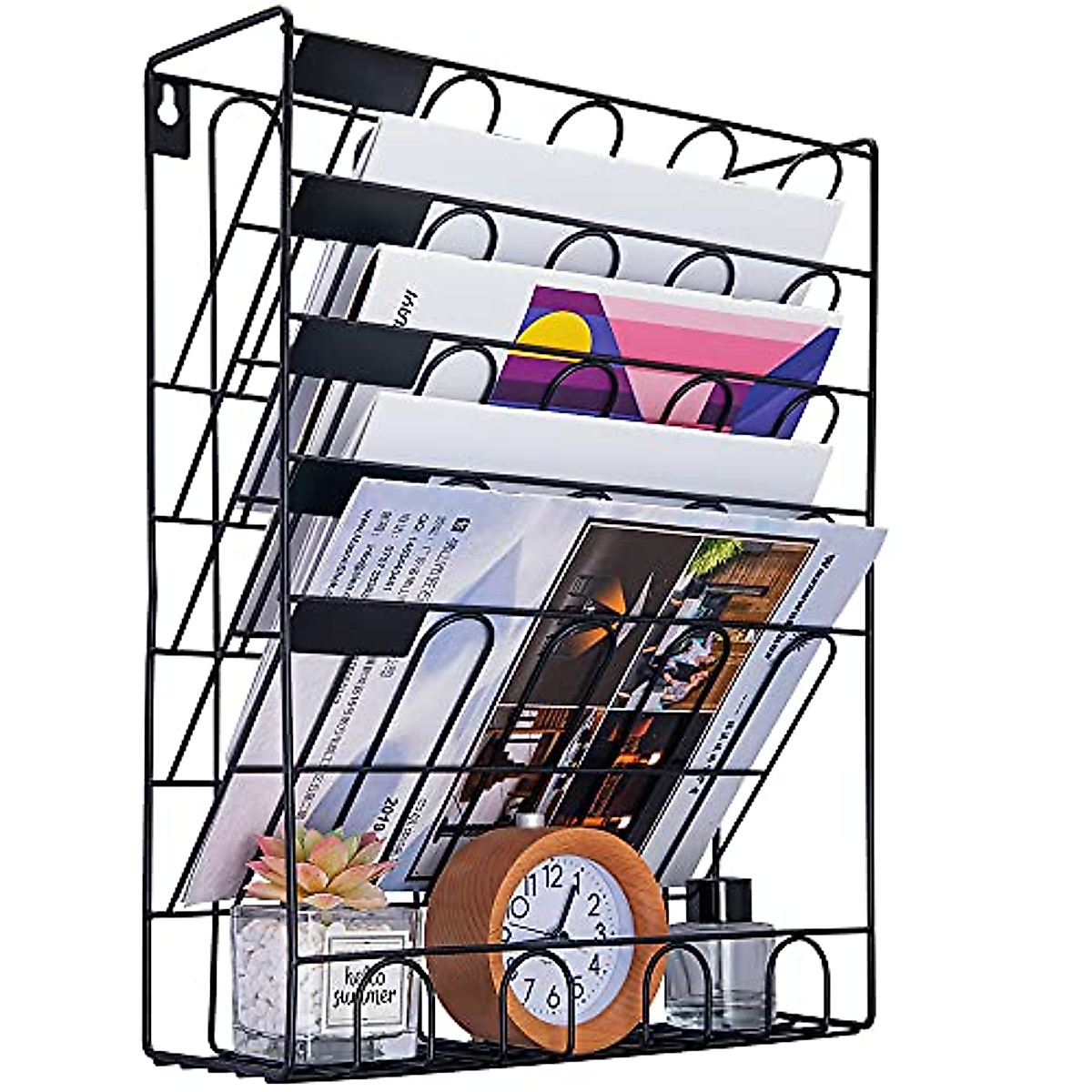 Spacrea Hanging File Holder Organizer - 6 Tier Wall Mount File Organizer, Hanging Wall File for Office, School or Home (Black)