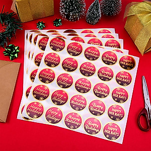 500 Pieces Happy Holidays Stickers Gold Foil Stamping Sticker 2 Inch Large Round Holiday Stickers for Christmas Holiday Cards Envelopes Boxes, 5 Styles