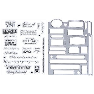 Sucrain 2pcs Metal Dies Cut and Clear Silicone Stamp, for Card Making Paper Craft Scrapbooking Album DIY, Sentiment Words Stencils Carbon Steel Embossing Template