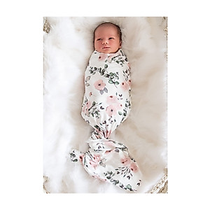 Giggle Angel Baby Receiving Blanket Swaddle Blanket Infant Wrap Pink Floral Pattern with Matching Bowtie (White)