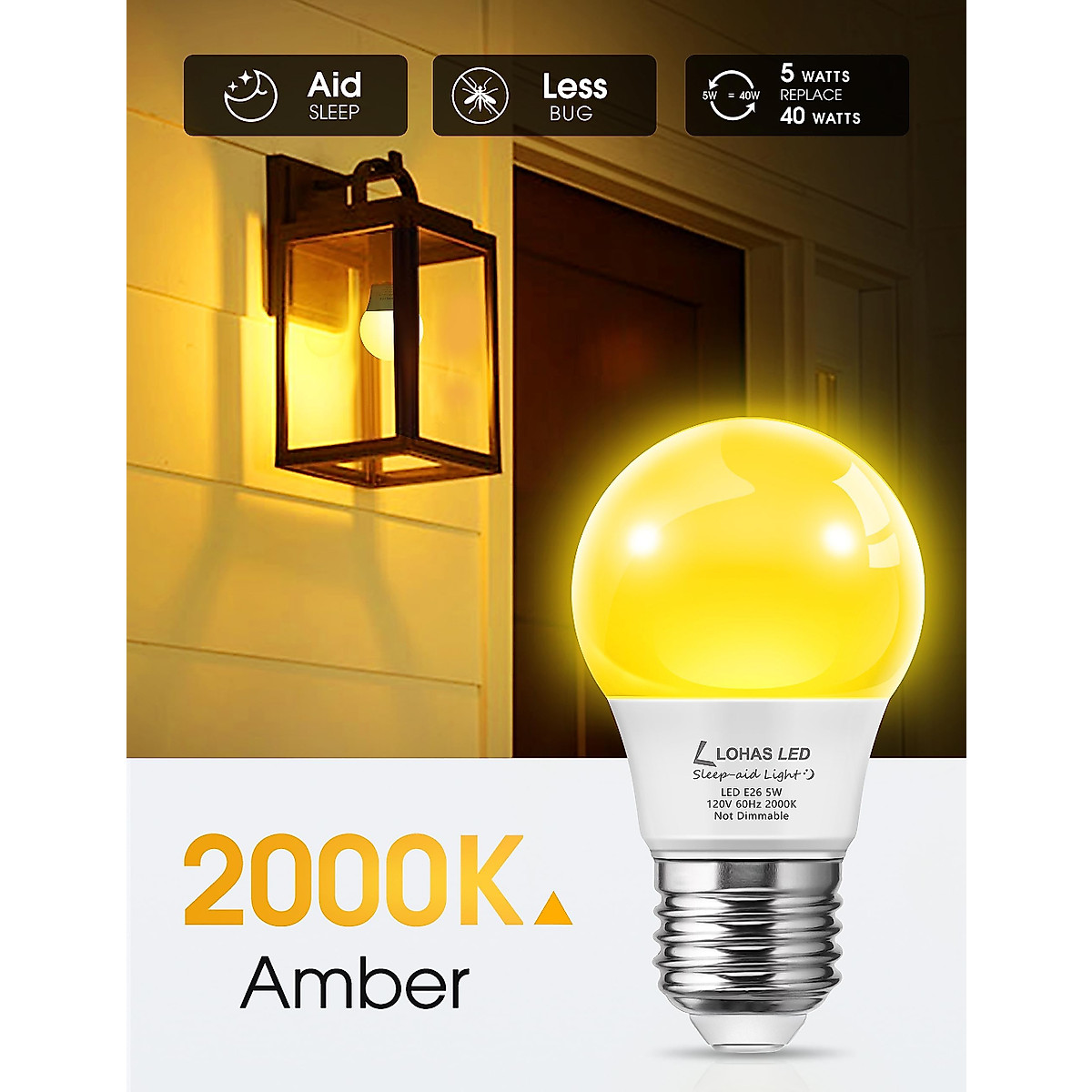 LOHAS Bug Light Bulb Yellow LED Bulbs, Outdoor Porch Lights, Amber Bedroom Night Light Bulb A15 Bugs LED Bulbs, 40W Equivalent E26 Edison Bulb(5W), Warm LEDs Hallway Lighting Decorative Lamps(4 Pack)