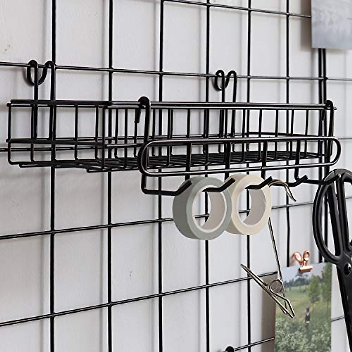 JOVONE Wall Grid Panel Basket,Display shelf,Pen Holder,Hooks Rack,Bookshelf,Wall Organizer For Home supplies,Set of 5 (Black)