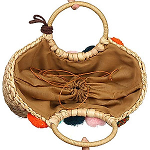 Womens Large Straw Bags Beach Tote Bag Handwoven Hobo Bag Summer Beach Bag Straw Handbag (Brown with Pom Poms)