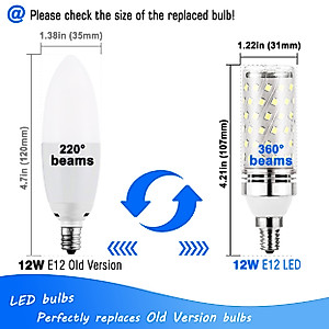 Heifymi E12 100W Led Candelabra Bulbs Replacement, 6000k Daylight Bright White, E12 12W Led Candle Light Bulbs T6 C7 1200lm, E12 Base Chandelier Pendant Ceiling Fan Bulbs, Non-Dimmable, 4Pack