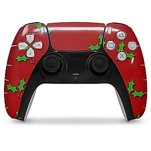 WraptorSkinz Skin Wrap compatible with Sony PS5 DualSense Controller Christmas Holly Leaves on Red (CONTROLLER NOT INCLUDED)