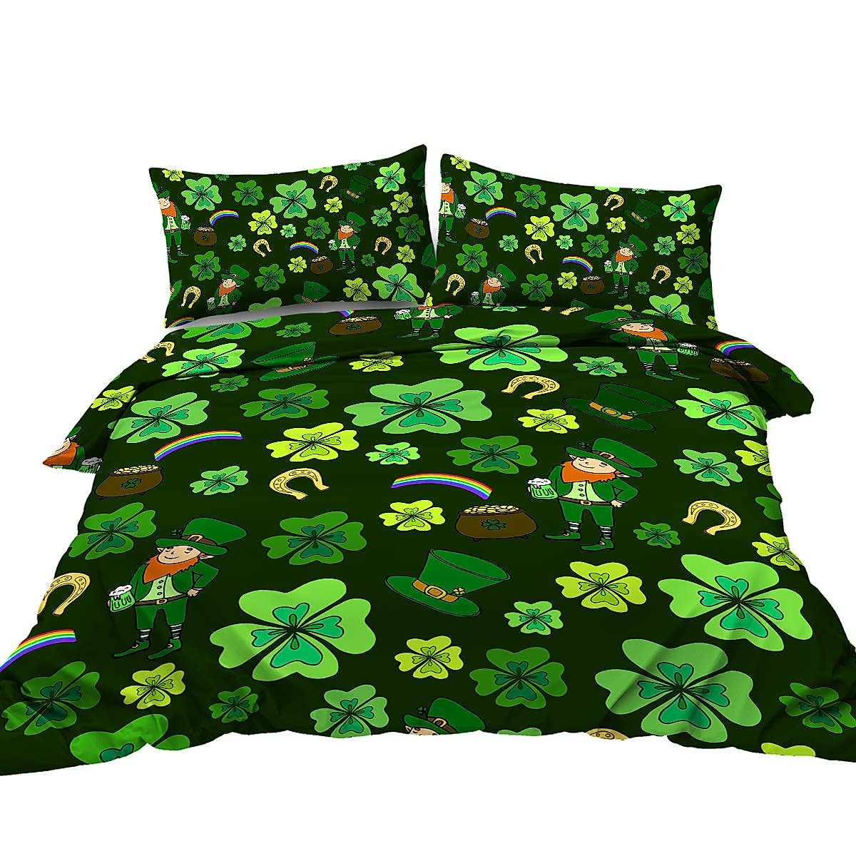 BlessLiving St. Patrick's Day Bedspread Duvet Cover Sets Leprechaun Shamrocks Rainbow Pattern Printed 3 Piece Bedding Set with 2 Pillow Shams, King Size, Green