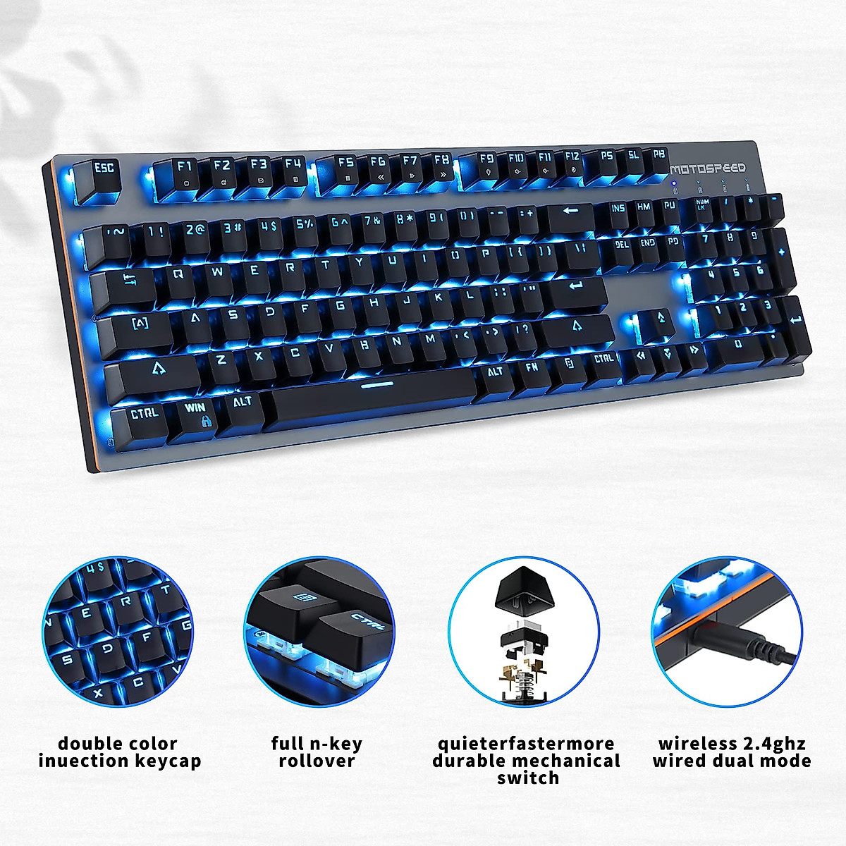 MOTOSPEED 2.4GHz Wireless/USB Wired Mechanical Keyboard 104Keys Led Backlit Blue Switches Gaming Keyboard for Gaming and Typing,Compatible for Mac/PC/Laptop