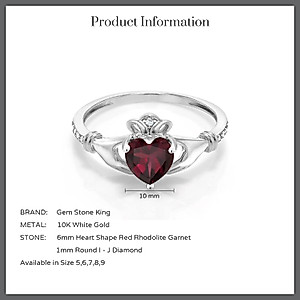 Gem Stone King 10K White Gold Heart Shape Red Rhodolite Garnet and White Diamond Irish Celtic Claddagh Women Ring (0.78 Cttw, Gemstone Birthstone, Available In Size 5, 6, 7, 8, 9)