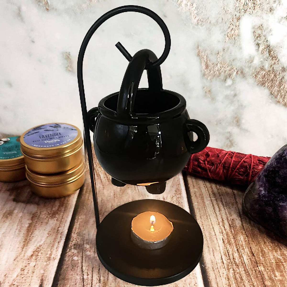 Bavokon Hanging Cauldron Pagan Oil Burner - Halloween Wax Burner,Black Cauldron Wax Burner,Ceramic Wax-Warmer Aroma Diffuser with Handle for Fragrance Wax Melts,Enchanting Witches Home Decor Element