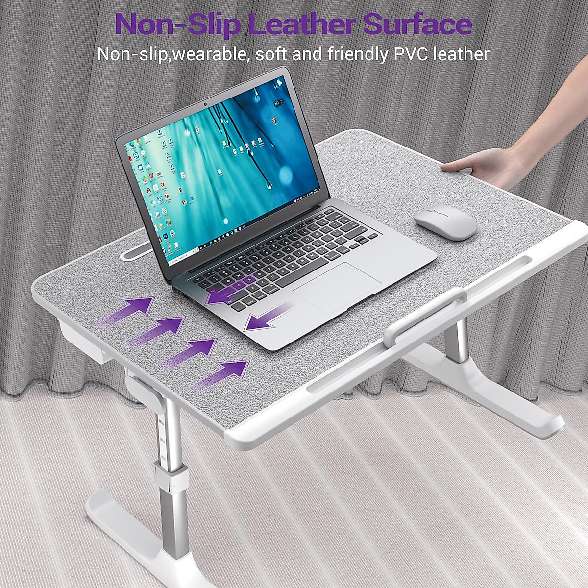 NEARPOW XXL Bed Table Desk for Laptop and Writing, Adjustable Computer Tray Laptop Stand for Bed or Sofa with Anti-slip Leather, Removable Stopper, Book Stand and Drawer - Gray