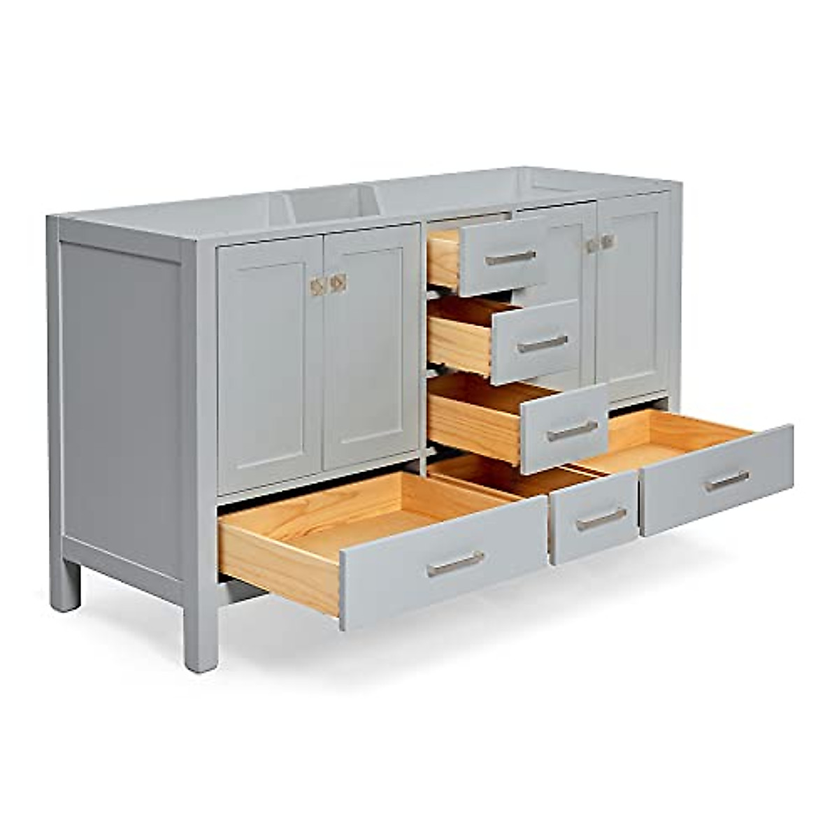 ARIEL 60" Grey Double Bathroom Vanity Base Cabinet, Double Sink Configuration, 4 Soft Closing Doors, 6 Full Extension Dovetail Drawers, Brushed Nickel